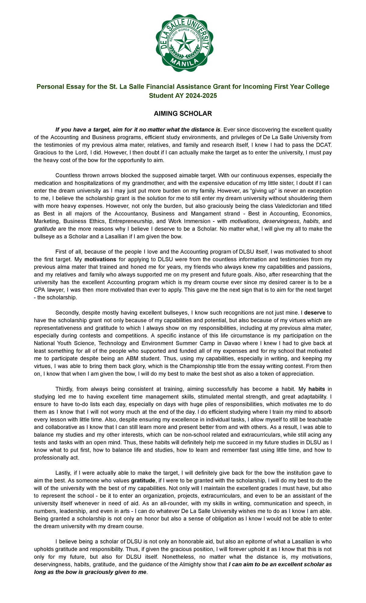 DLSU Financial Assistance Grant Personal Essay for AY 2024 - Studocu