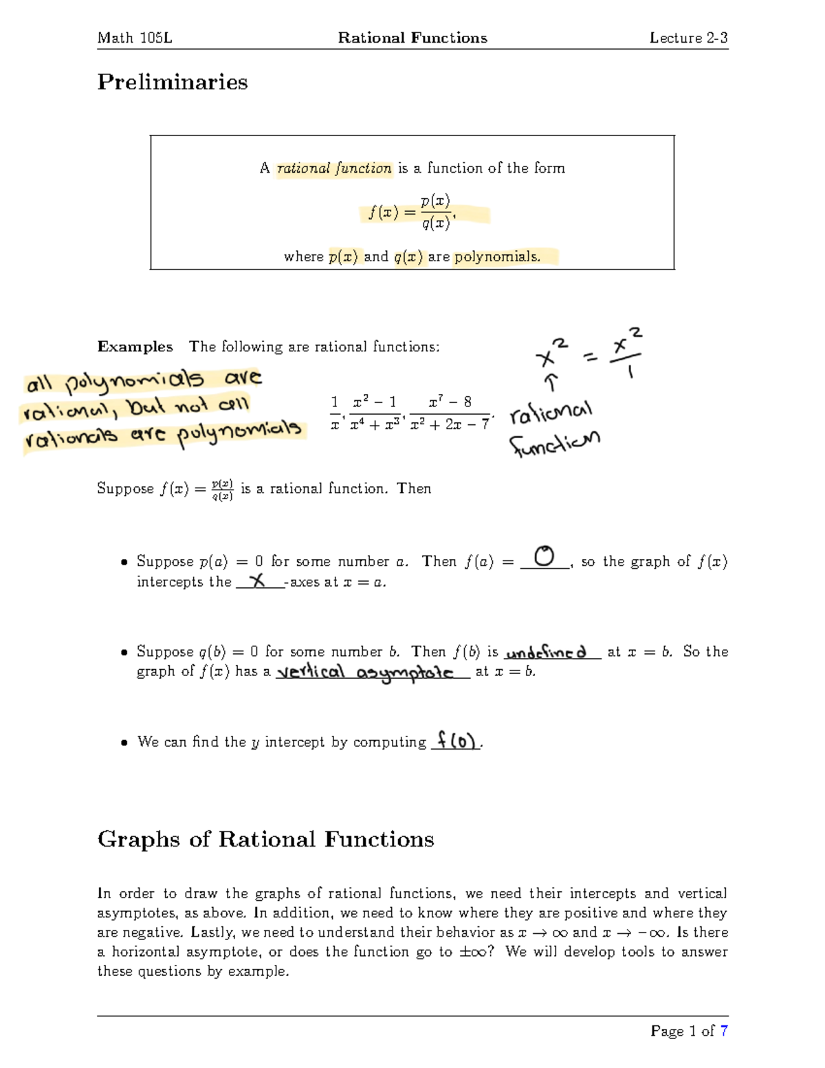 Math 105L Rational Functions Lecture 2-3 Notes - Studocu