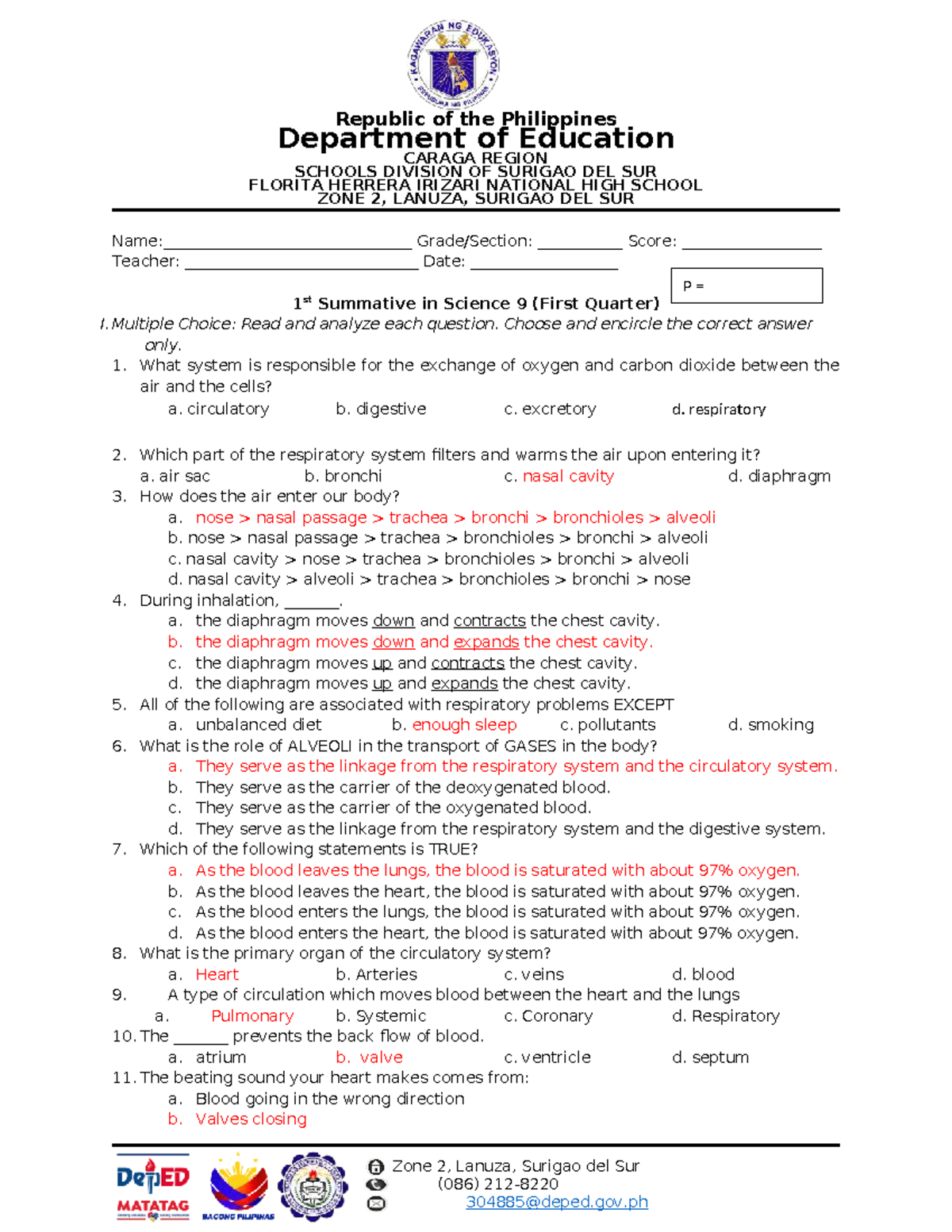 Science 9 (Q1) 1st Summative Exam Questions and Answers - Studocu