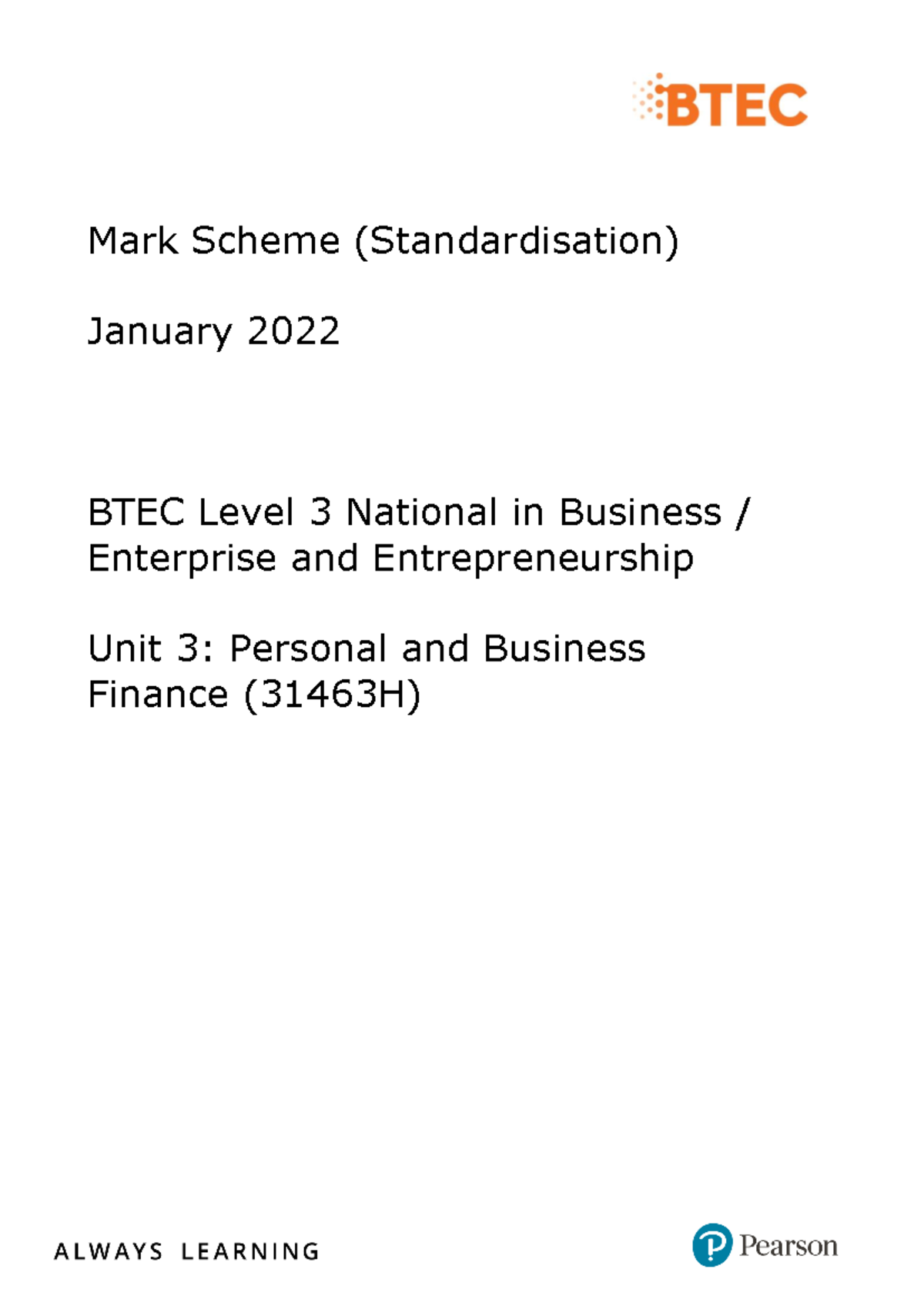January 2022 - MS - BTEC Level 3 Business Unit 3 Mark Scheme - Studocu