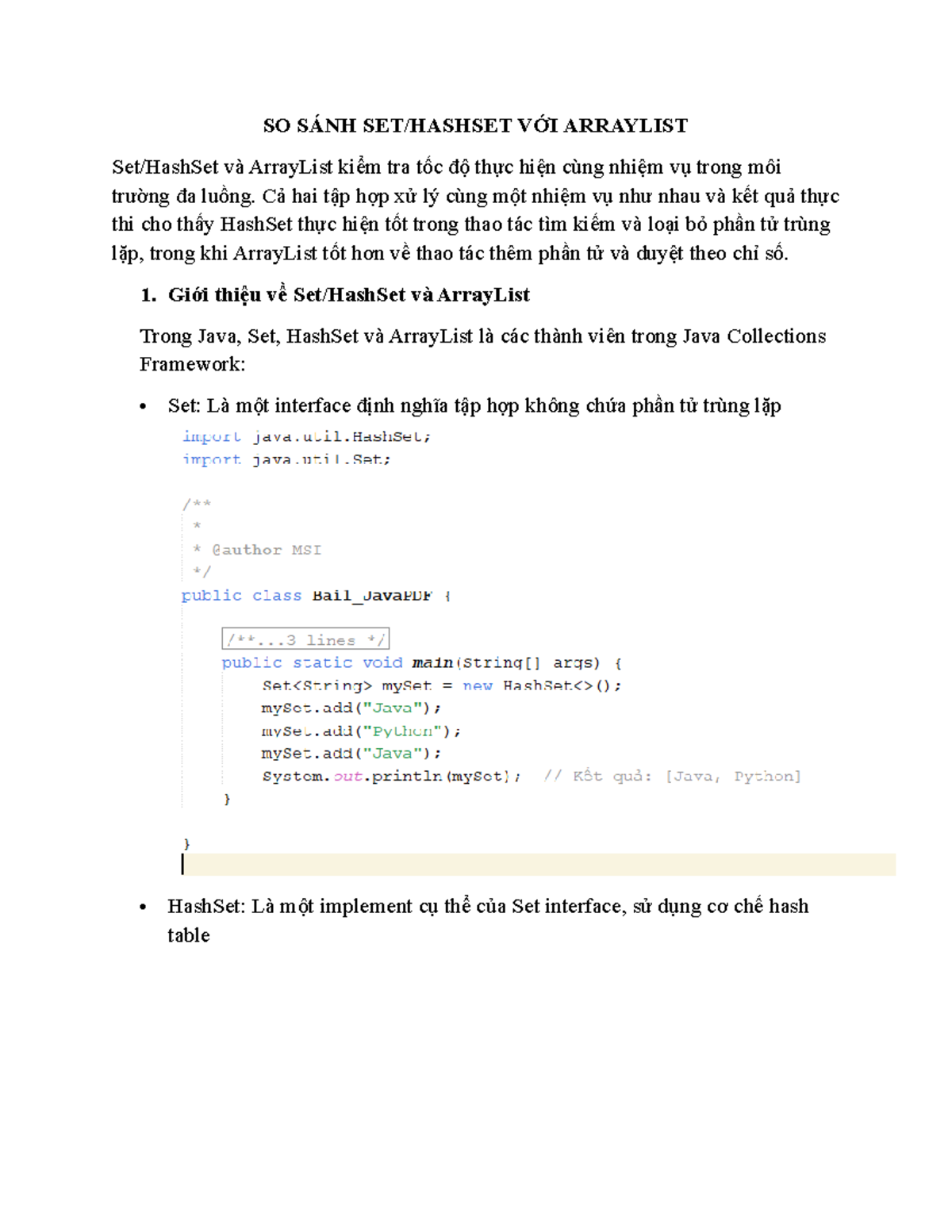 So sánh hiệu suất giữa HashSet và ArrayList trong Java (Bai7) - Studocu