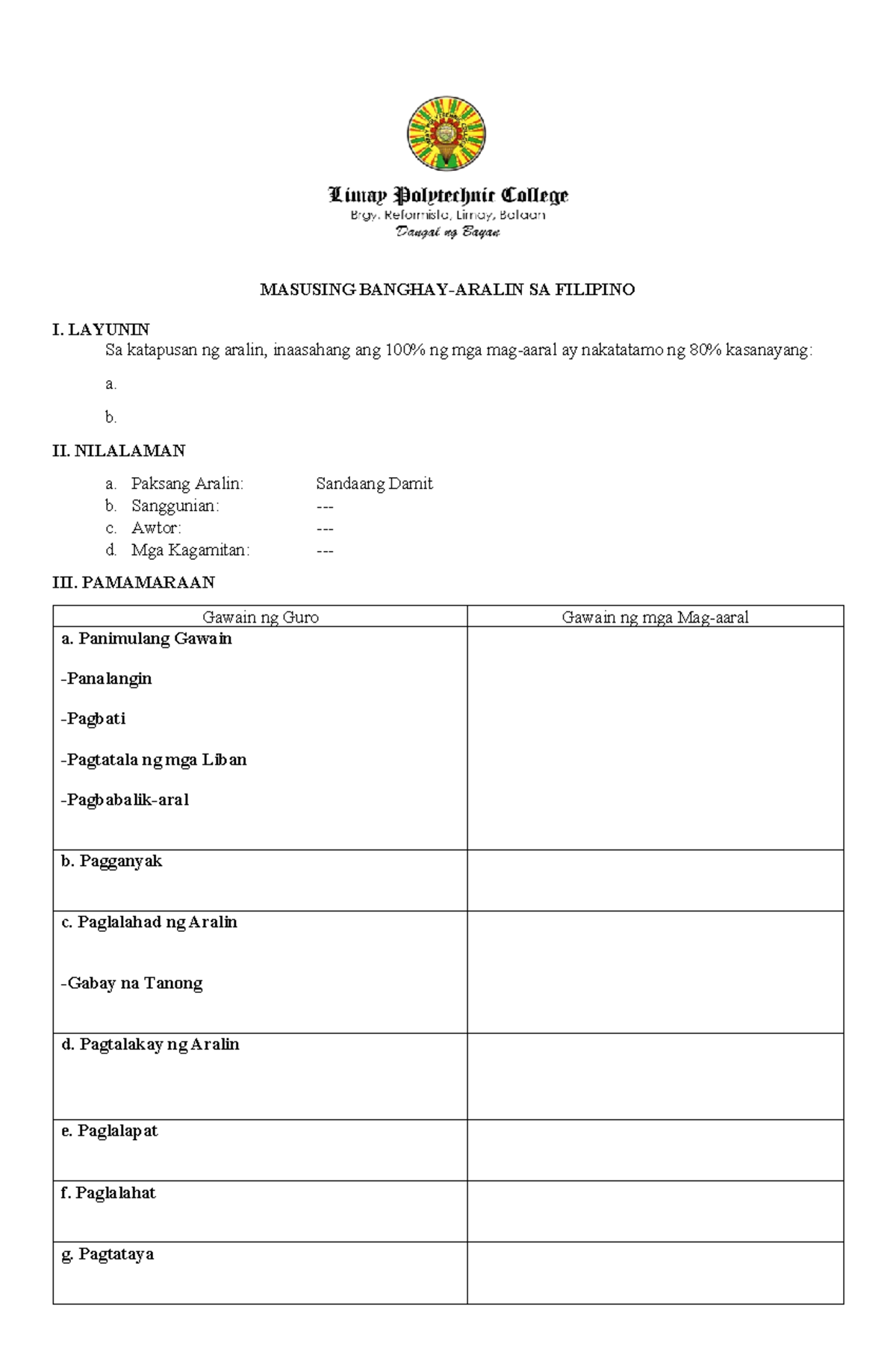 539481446 Banghay Aralin Template - MASUSING BANGHAY-ARALIN SA FILIPINO ...