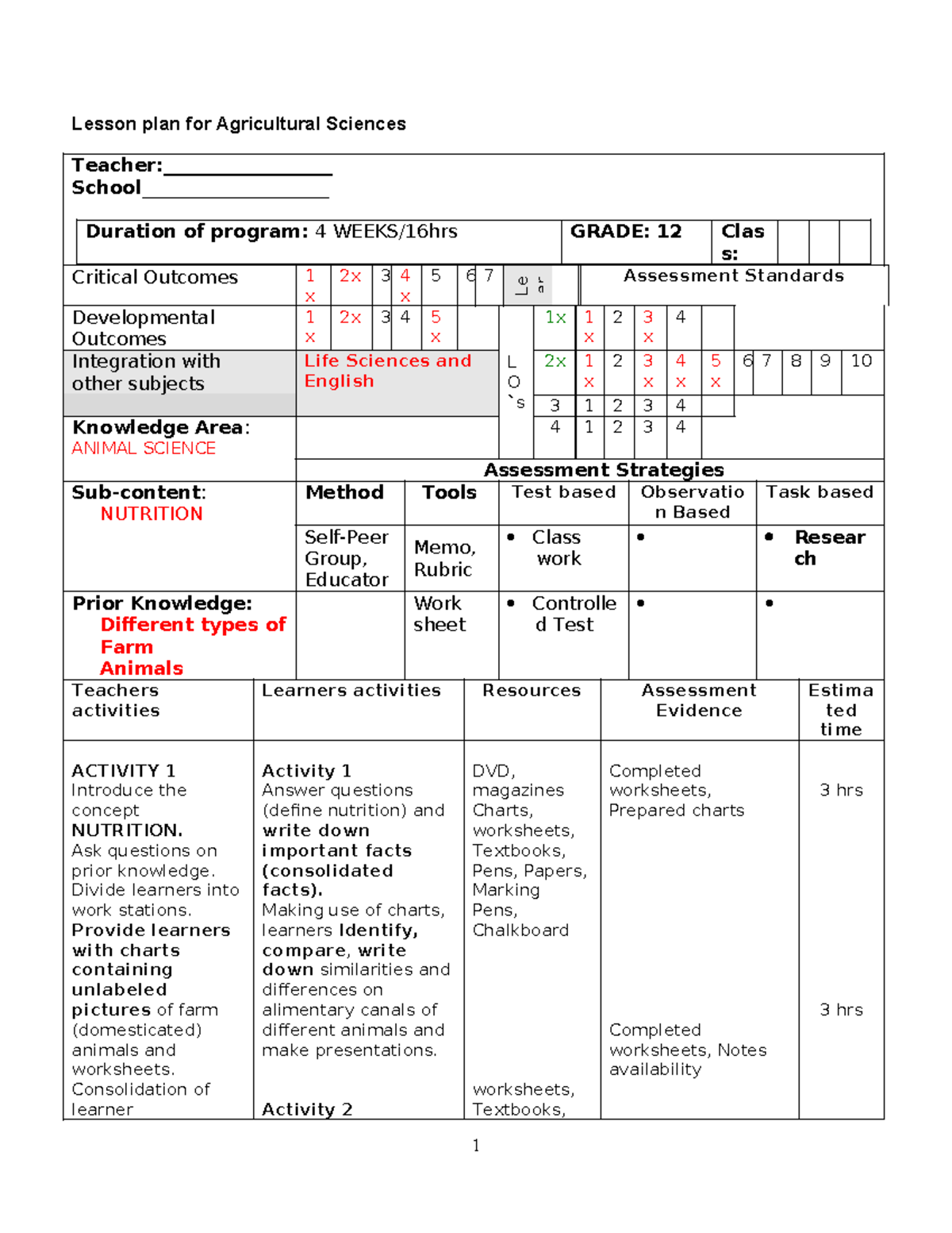 Grade 12 Agricultural Sciences Lesson Plan: Animal Nutrition ...