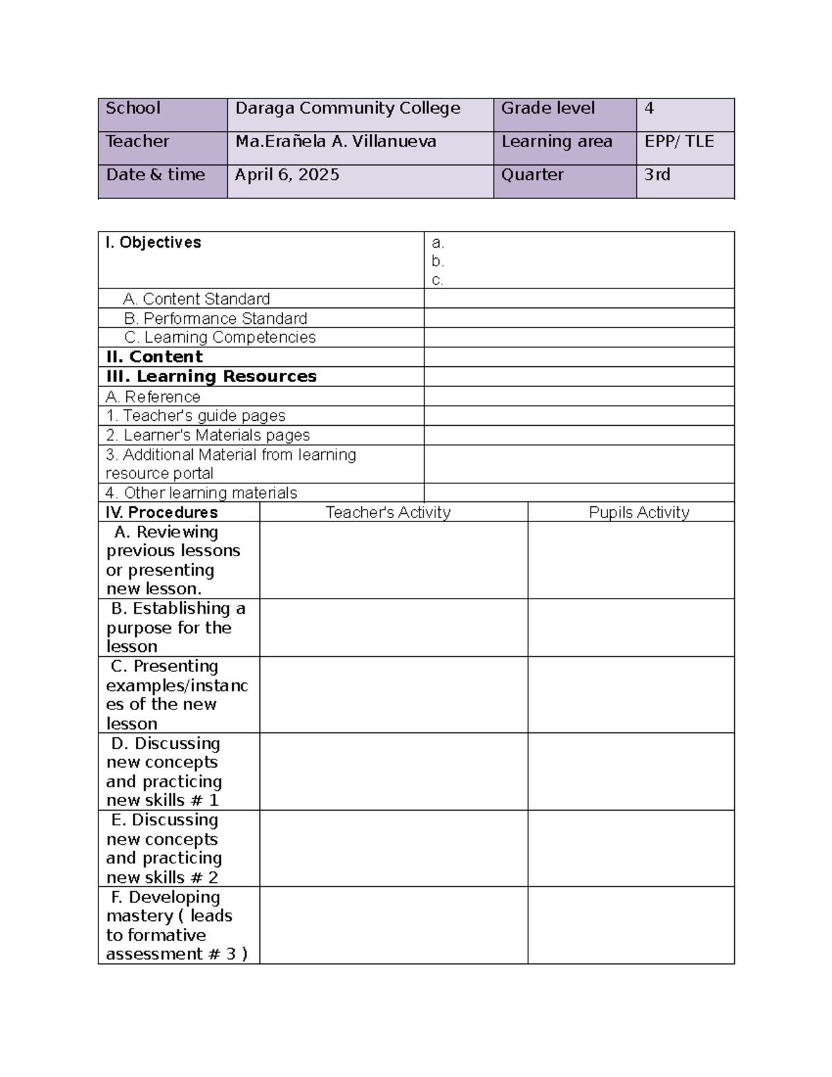 Lesson Plan for TLE 4 - 3rd Quarter by Ma. Erañela A. Villanueva - Studocu