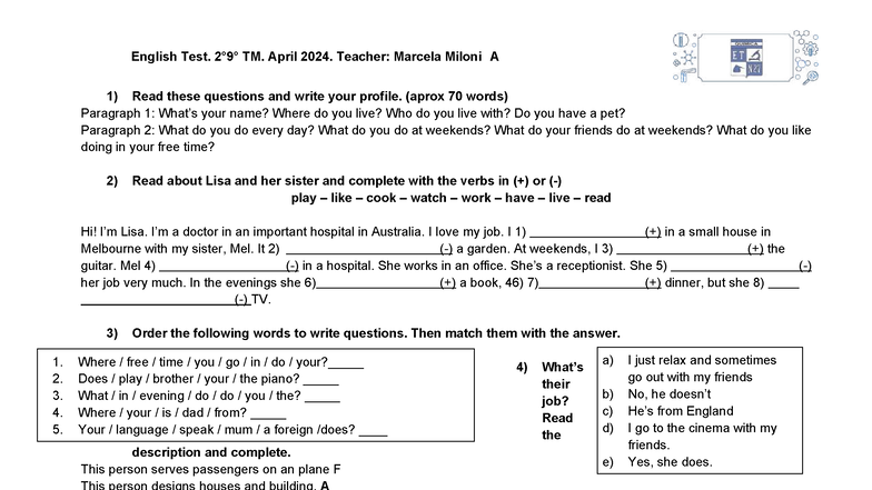 English Test TM: 2nd Year April 2024 - Profiles & Verbs Activities ...
