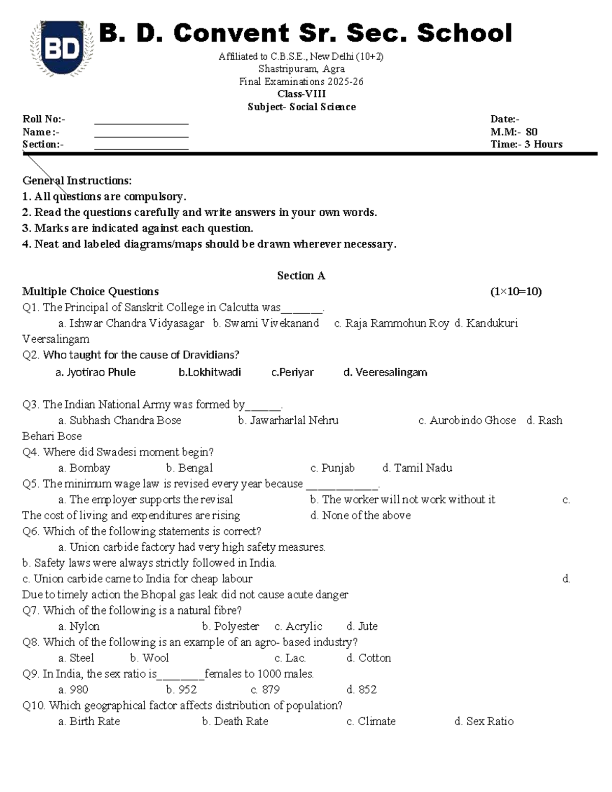 Class 8 Social Science Final Exam Paper - B. D. Convent Sr. Sec. School ...