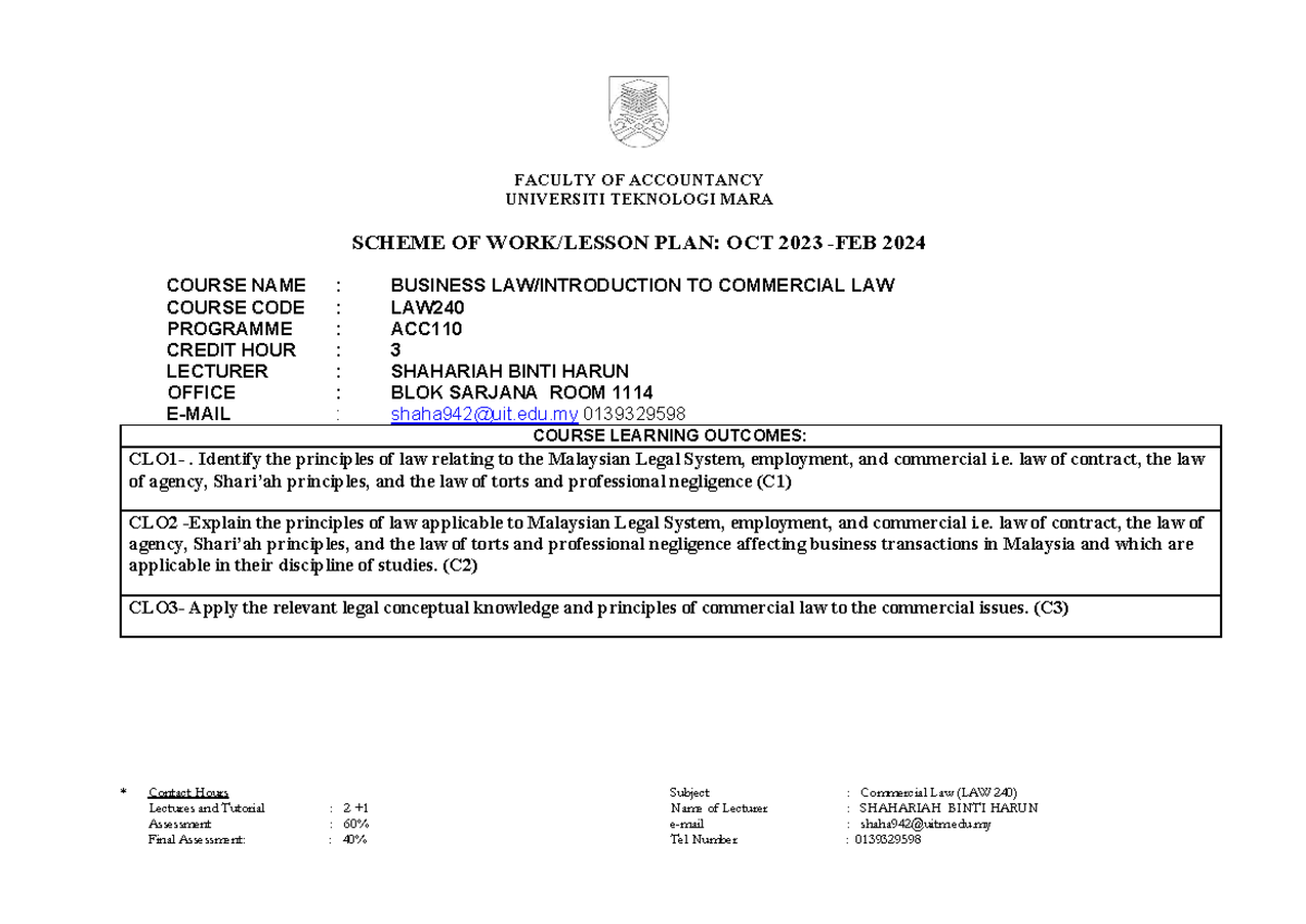 LAW240 - Commercial Law Lesson Plan for Oct 2023 - Studocu