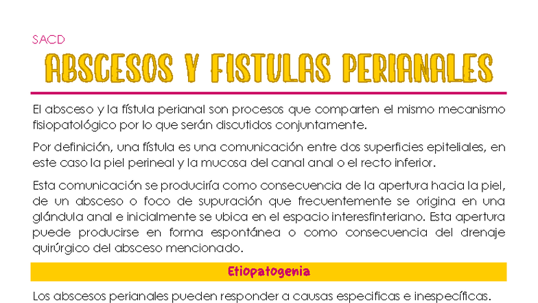SACD Abscesos y Fístulas Perianales: Mecanismos y Tratamientos - Studocu