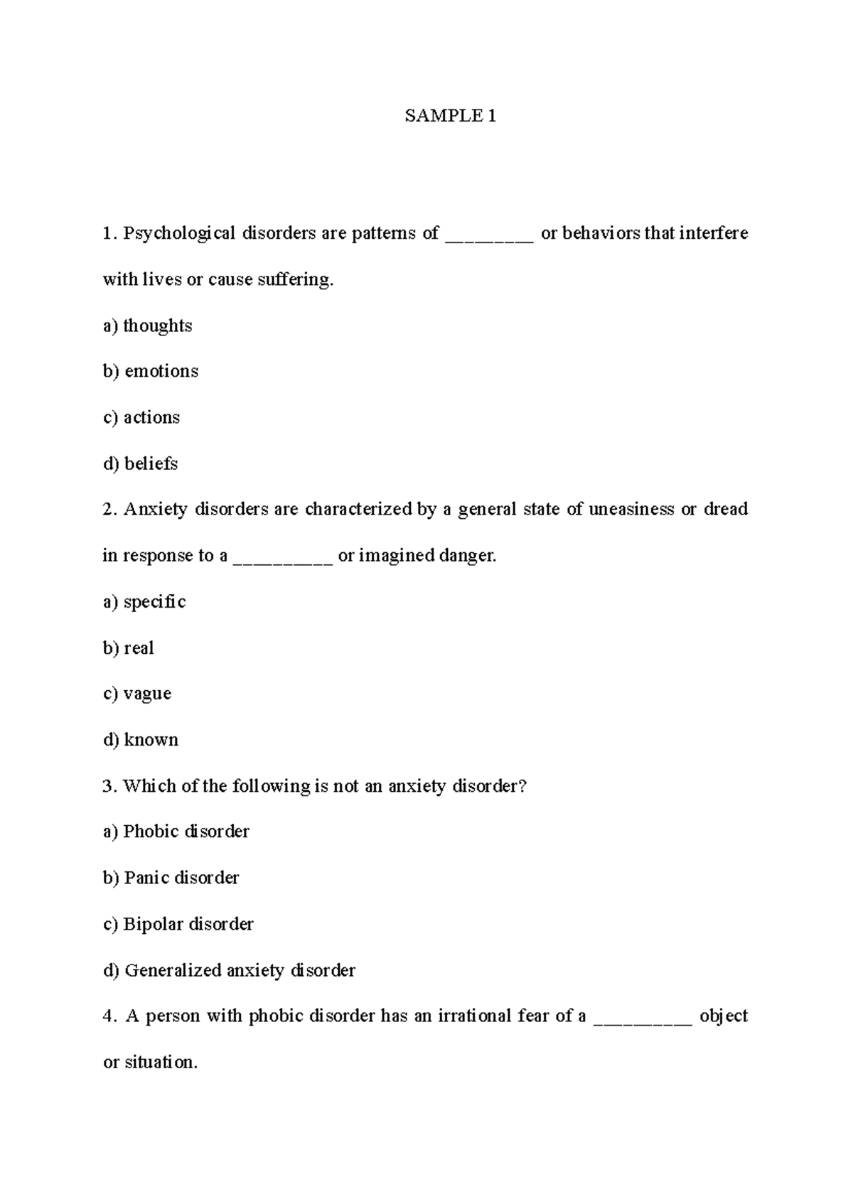 Quiz sample 1 - 5 item short quiz - SAMPLE 1 Psychological disorders ...