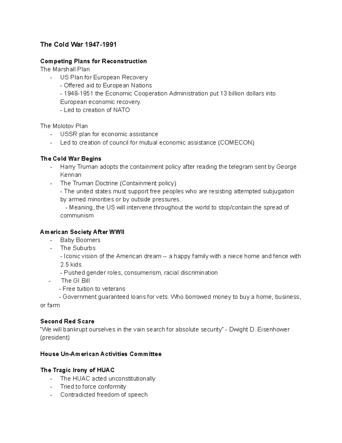 The Cold War Notes: Competing Plans & American Society Post-WWII - Studocu