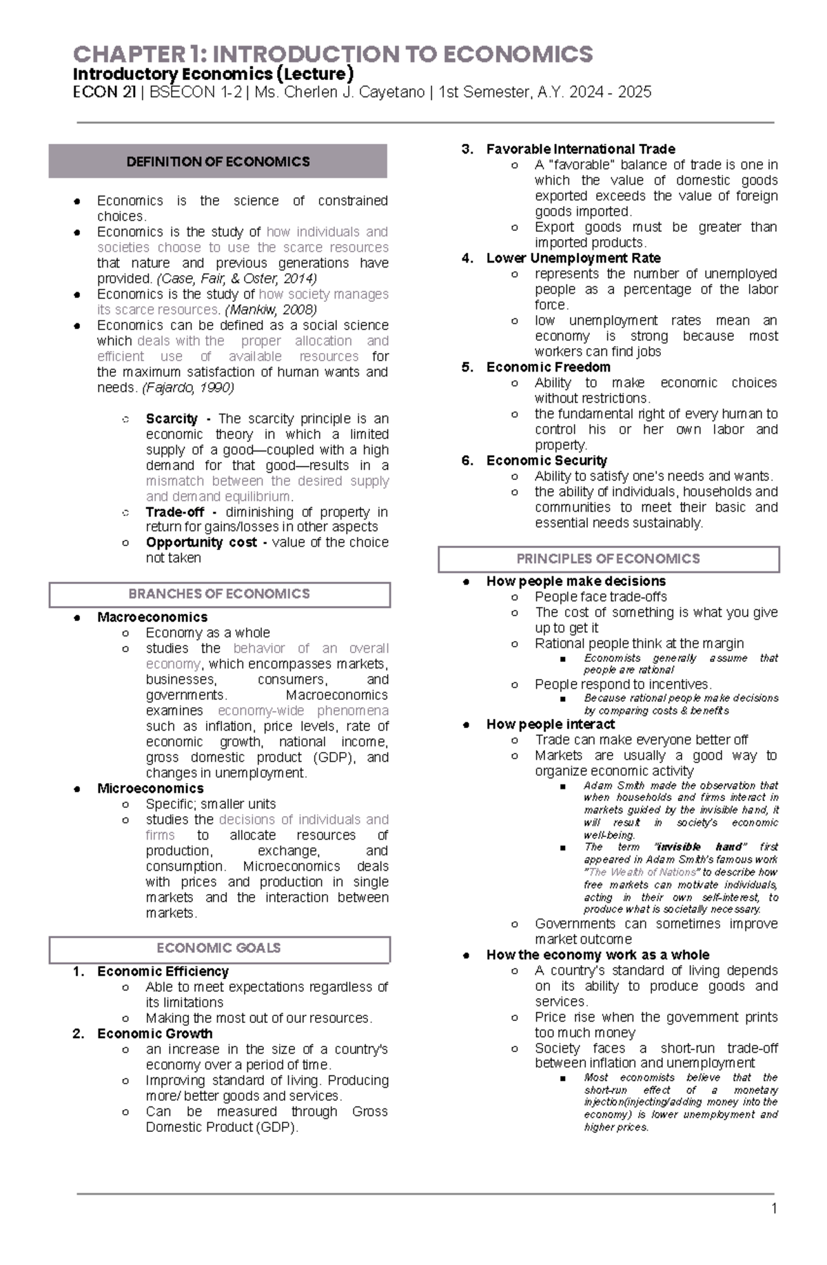 ECON-21 - Chapter 1: Intro to Economics Lecture Notes - Studocu