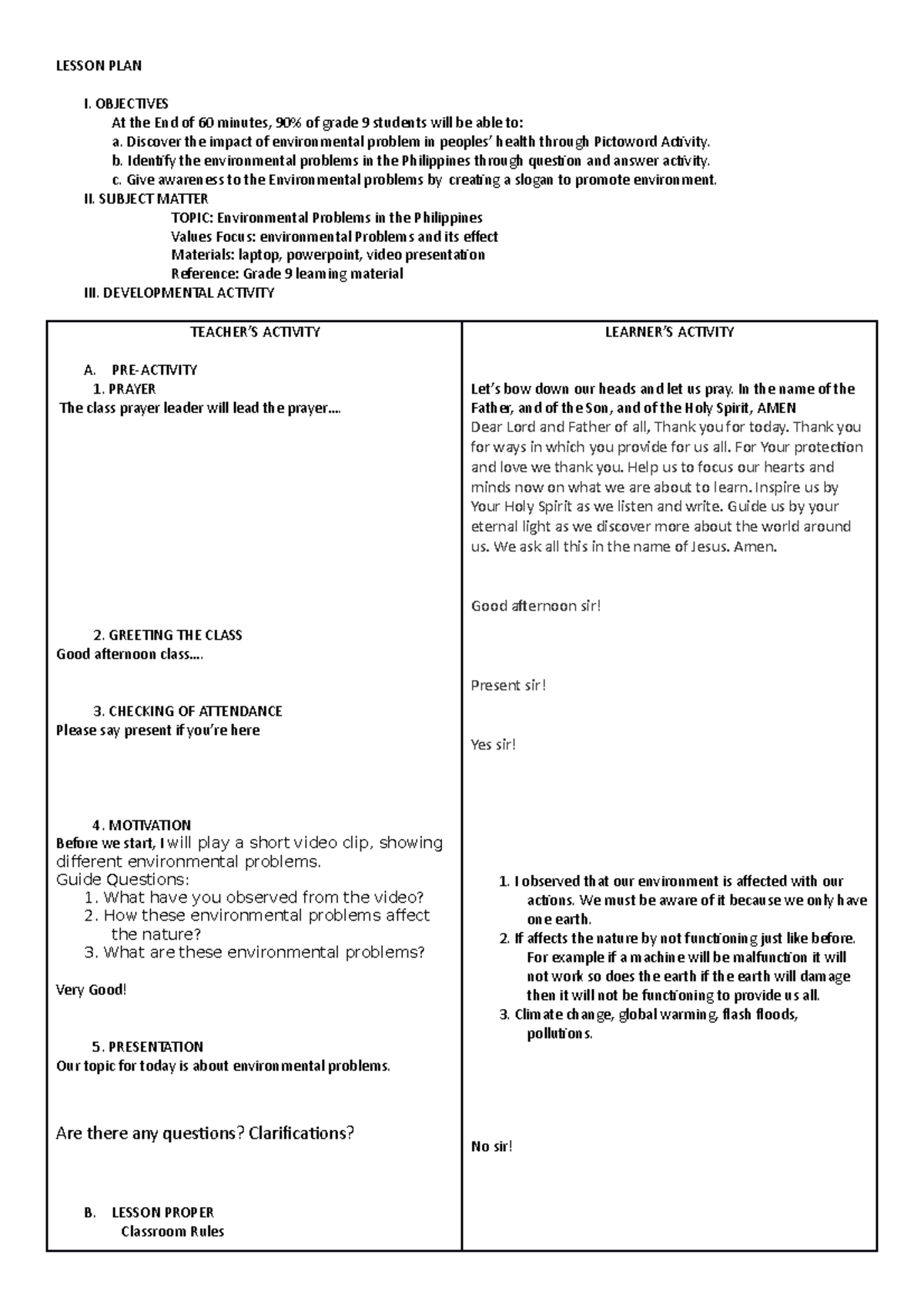 Lesson Plan: Environmental Challenges and Health Awareness (Health-9 ...