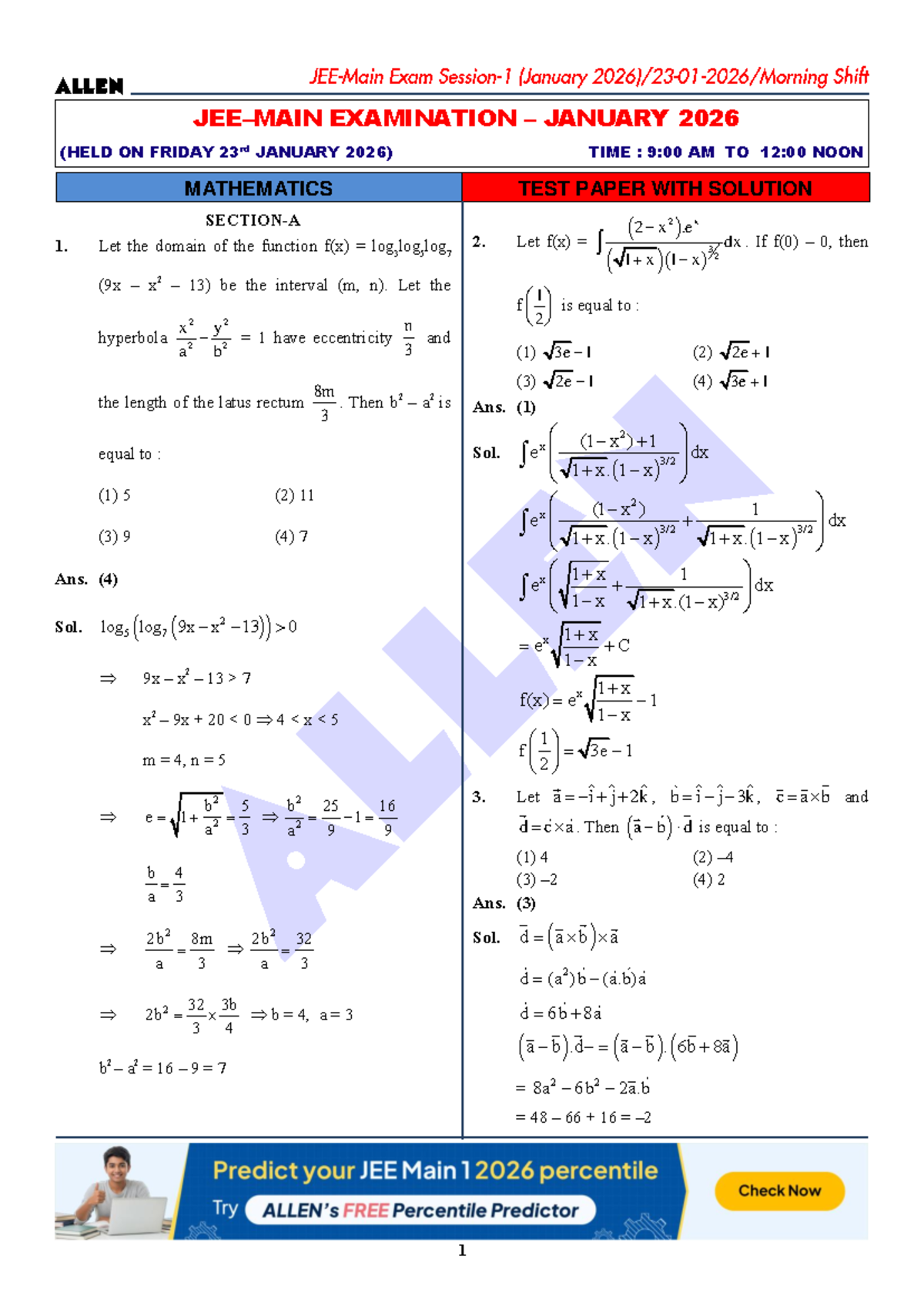 Mathematics Test Paper Solutions - January 2026 Exam - Studocu