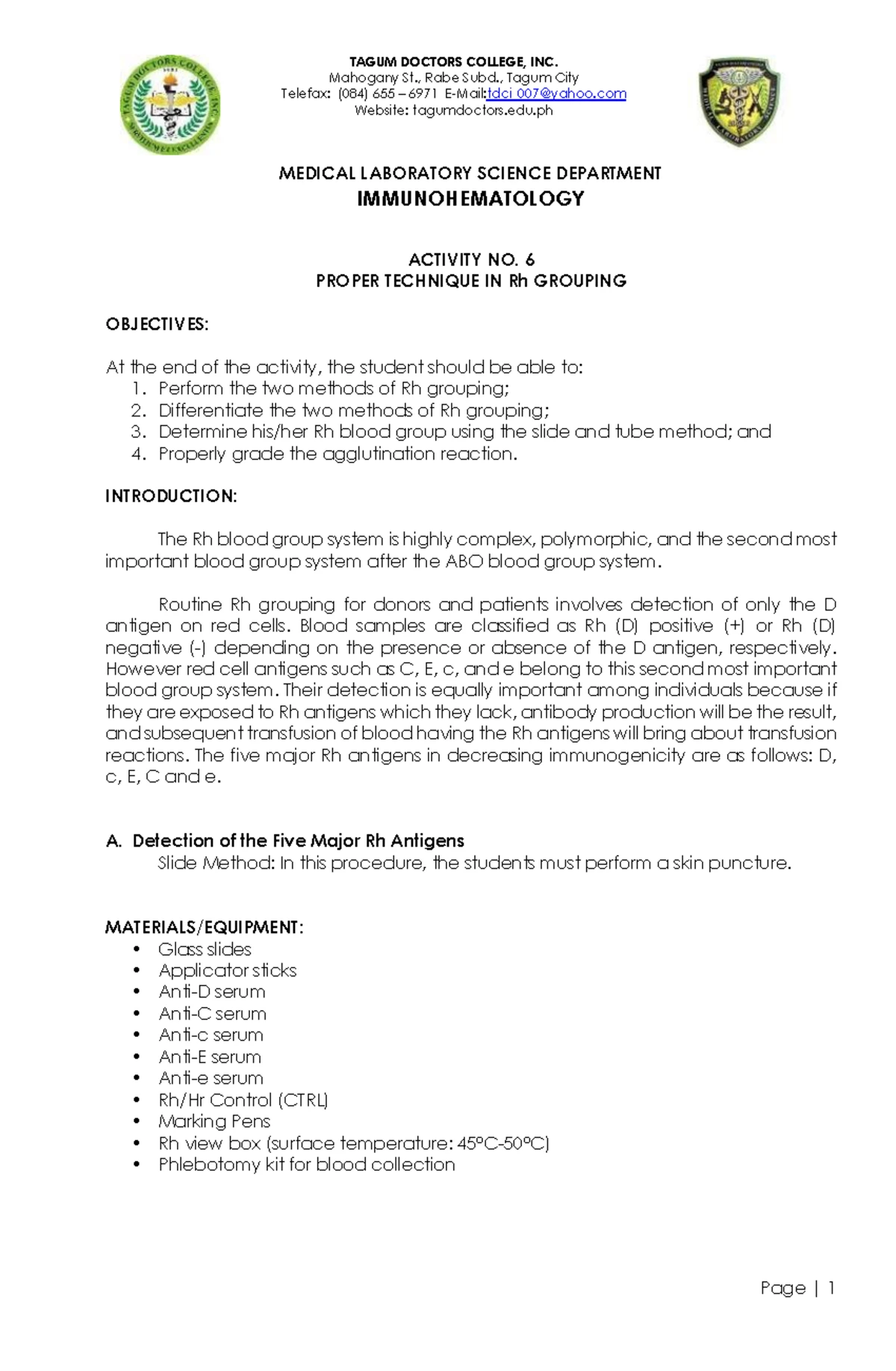 Activity 9: Proper Technique in Broad Spectrum Compatibility Testing ...