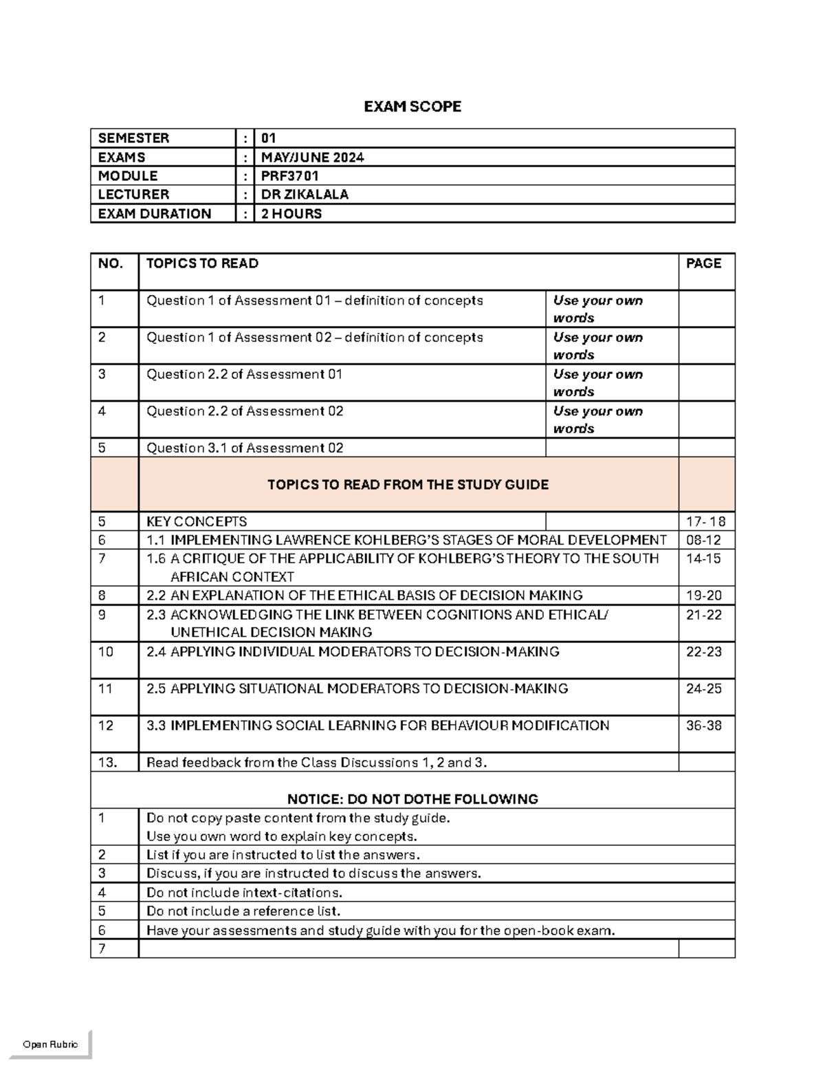 Exam Scope - PRF3701 Semester Exam (S1 2024) Overview - Studocu