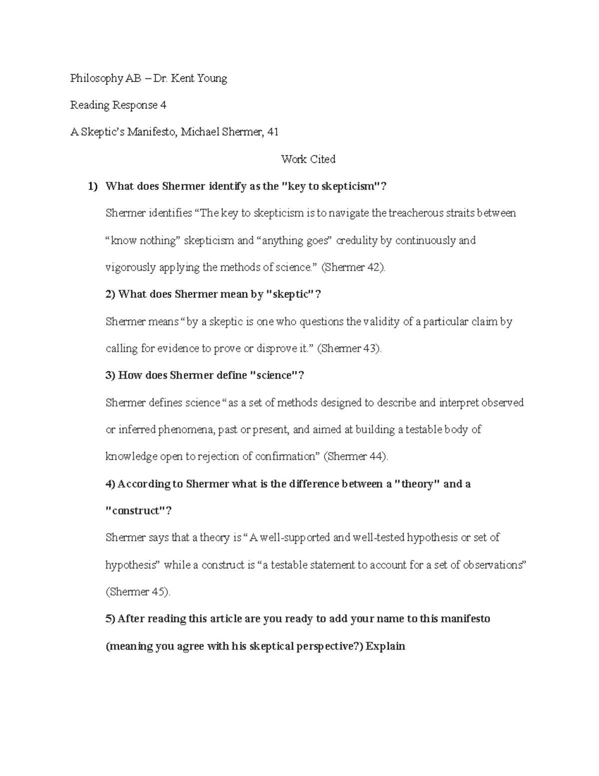 Philosophy AB Reading Response 4: Skepticism in Shermer's Manifesto ...