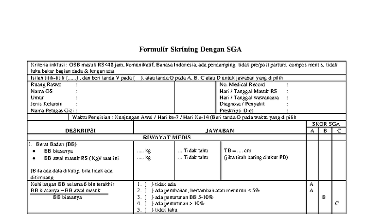 Formulir Skrining Gizi SGA untuk Penilaian Kesehatan Pasien - Studocu
