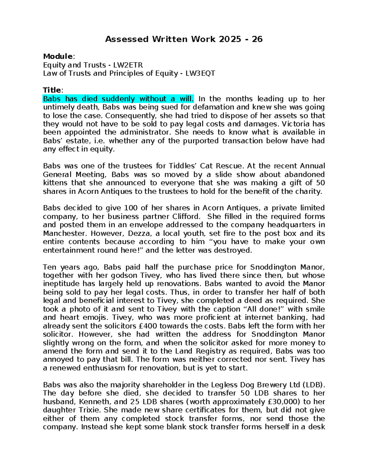 LW2ETR & LW3EQT Assessed Essay: Babs' Estate and Equitable Interests ...
