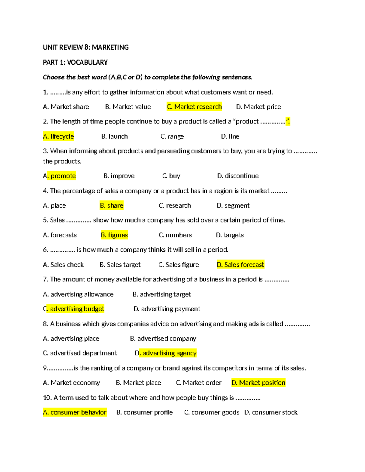 UNIT REVIEW 8: MARKETING VOCABULARY & GRAMMAR ANSWERS - TIẾNG ANH 2 ...