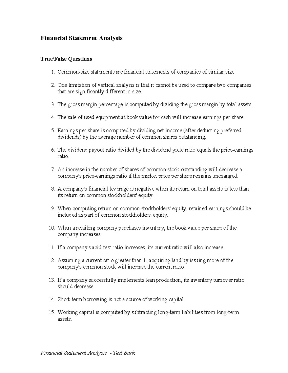 Financial Statement Analysis Test Bank (FSA 101) - Part 1 - Studocu