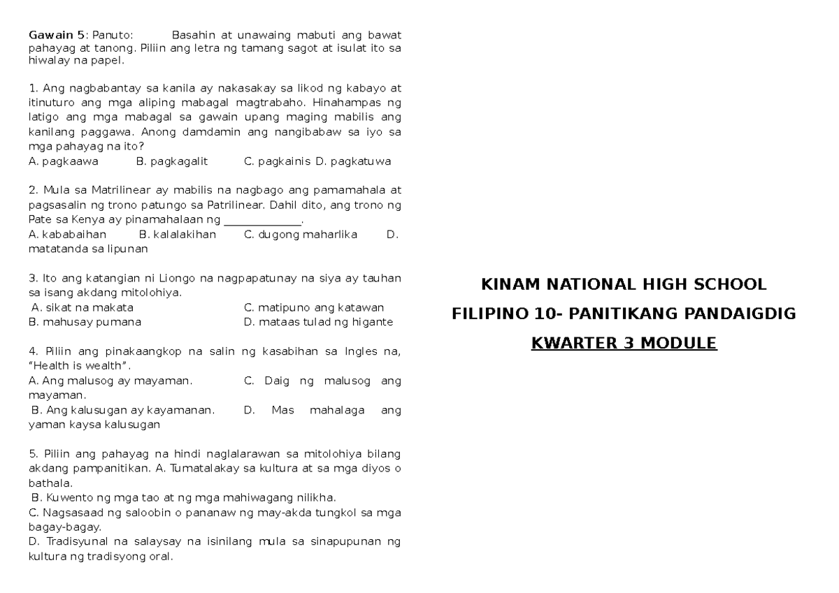 Q3- Module 1-W1: Pagsusuri at Pag-unawa sa Mitolohiya ng Liongo - Studocu