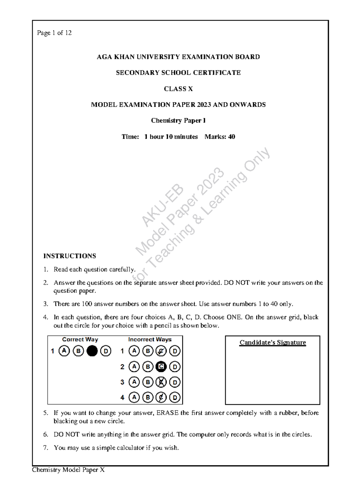 Chemistry Model Paper X (Paper I) for AKU-EB - 2023 Exam - Studocu