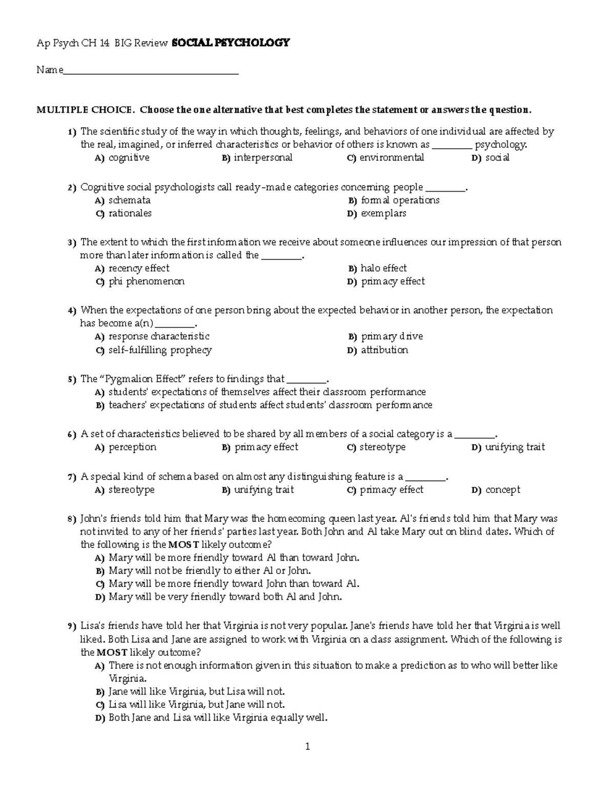Ch 14 Big Review - practice - Ap Psych CH 14 BIG Review SOCIAL ...