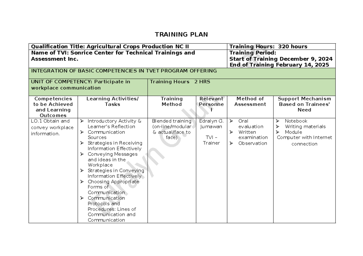 Training Plan for Agricultural Crops Production NC II (320 Hrs) - Studocu