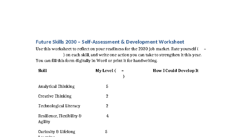 Future Skills 2030 Development Worksheet: Self-Assessment & Action Plan ...