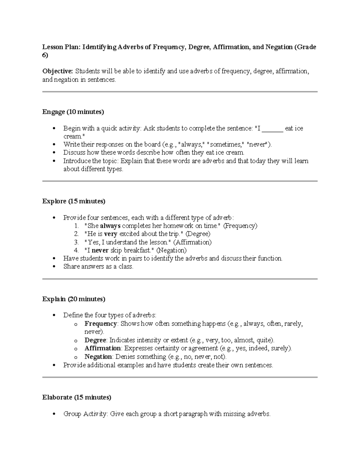 Lesson Plan for Adverbs: Frequency, Degree, Affirmation & Negation ...
