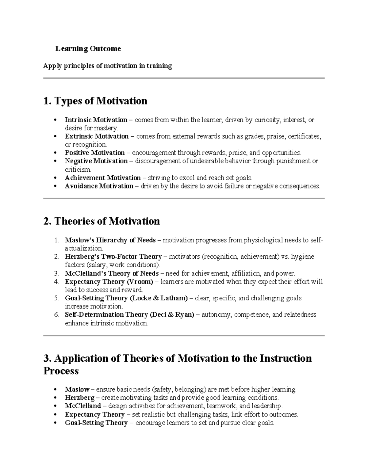 Notes on Applying Motivation Principles in Training - Studocu