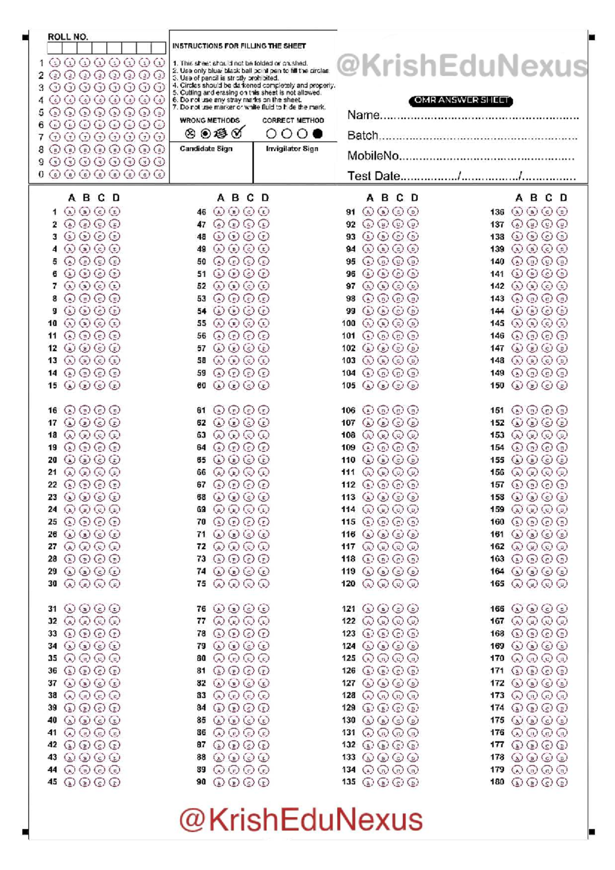 OMR ANSWER SHEET INSTRUCTIONS FOR FILLING - 180 QUES - Studocu