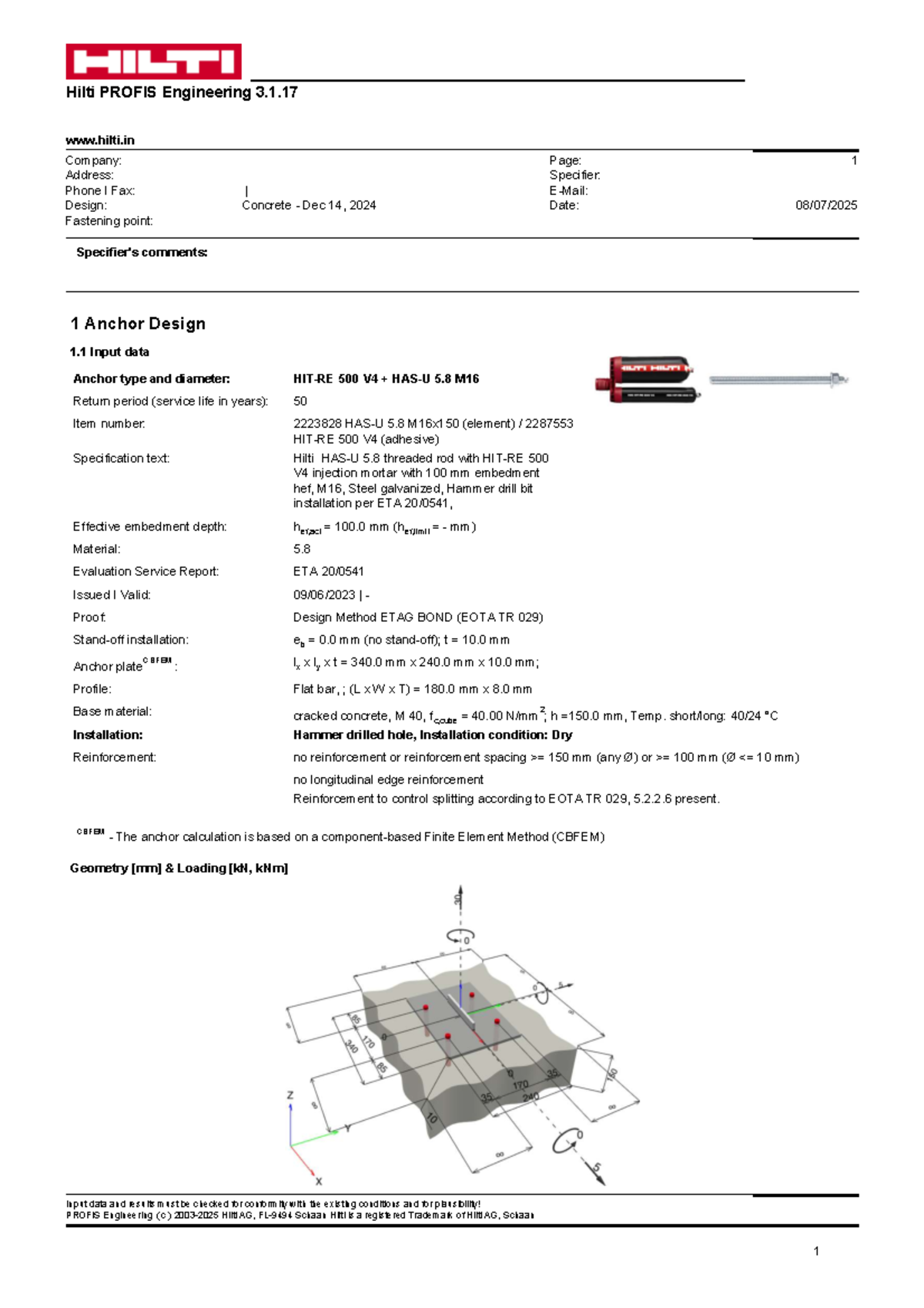 Hilti PROFIS Engineering 3.1.17: Anchor Design for Concrete - Studocu