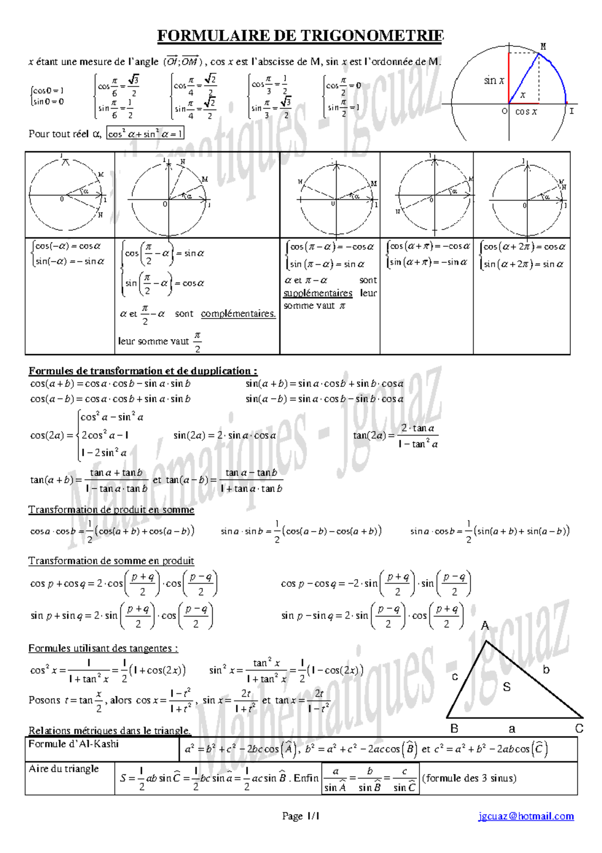 FORMULAIRE DE TRIGONOMETRIE - FORMULES ET TRANSFORMATIONS - Studocu