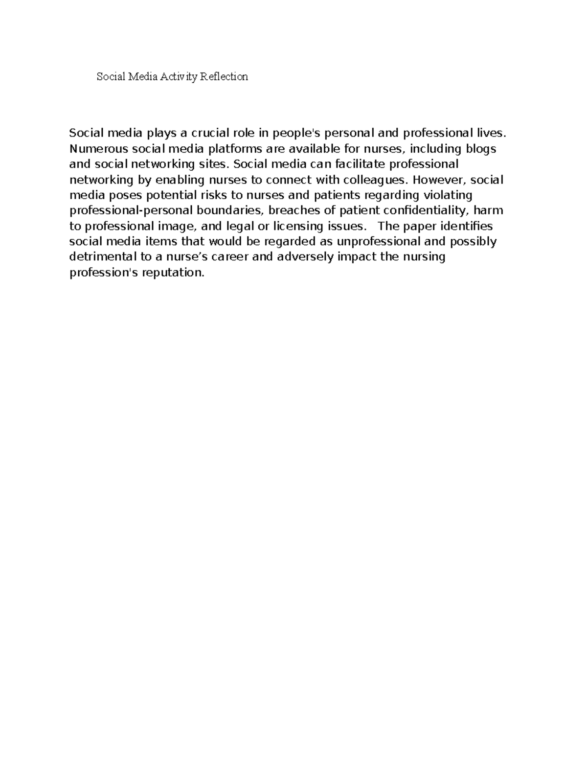 Social Media Activity Reflection - Numerous social media platforms are ...