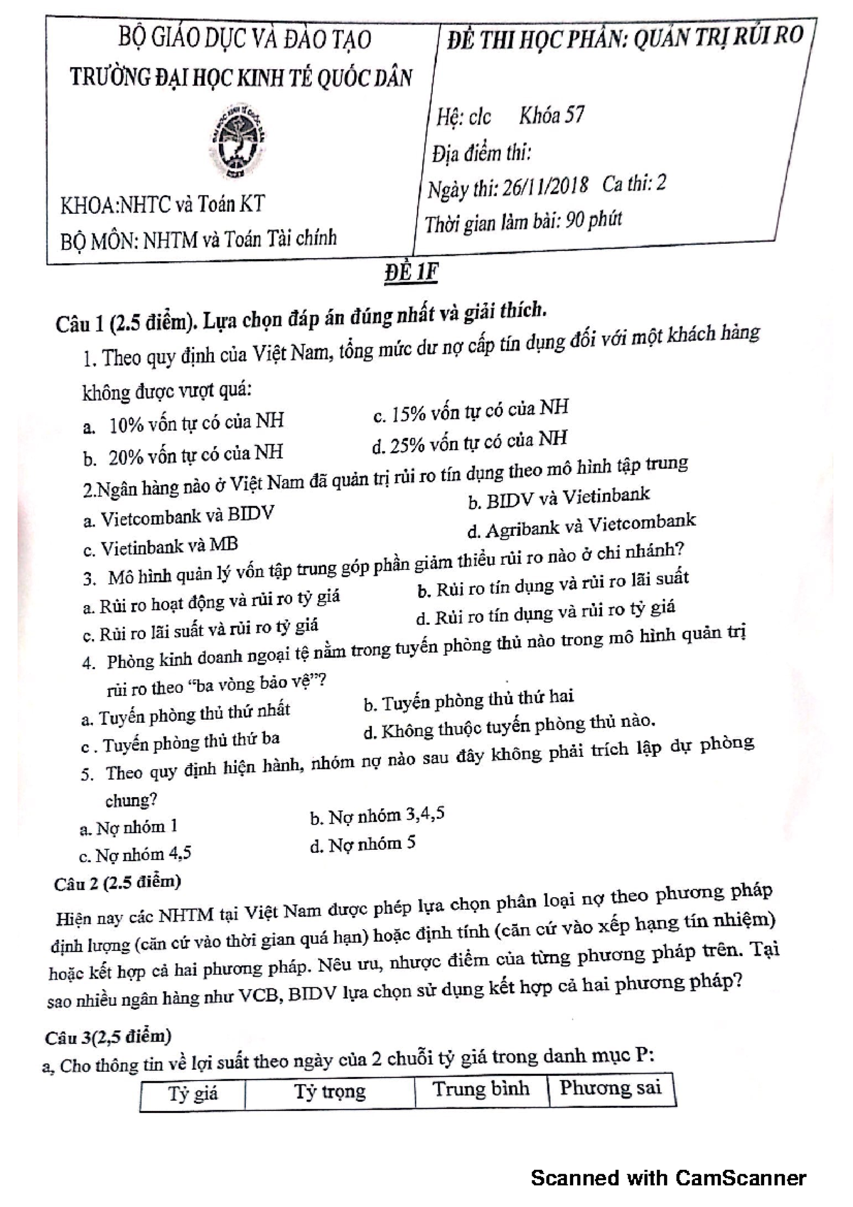 Đề thi cuối kì tự luận môn quản trị rủi ro - BO GIAO DUC VA DÃO TAO DÉ THI HQC PHAN: QUAN TRI ...