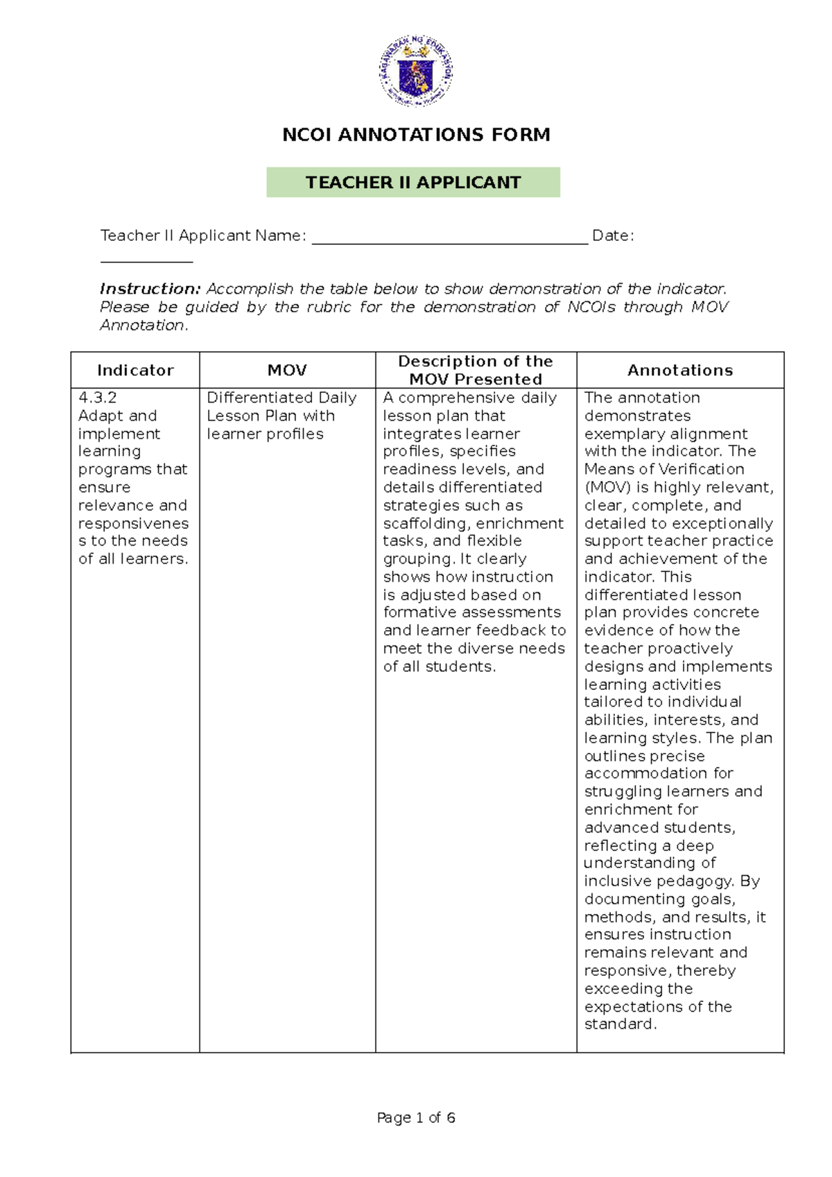 NCOI Annotations Form for Teacher II Applicant Evaluation - Studocu