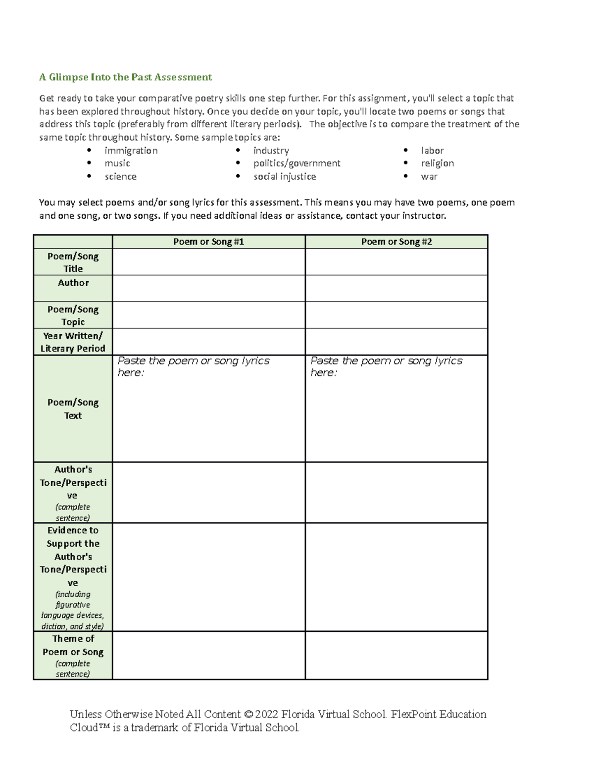 A glimpse into the past assess rubric - A Glimpse Into the Past ...