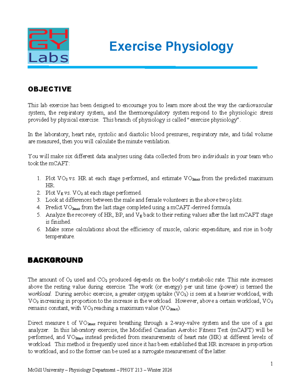 PHGY 213 Exercise Physiology Lab Manual - Winter 2026 - Studocu