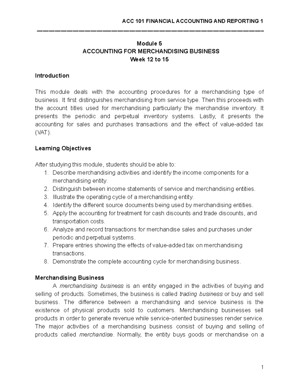 Module 5- Accounting for Merchandising Business - Module 5 ACCOUNTING ...