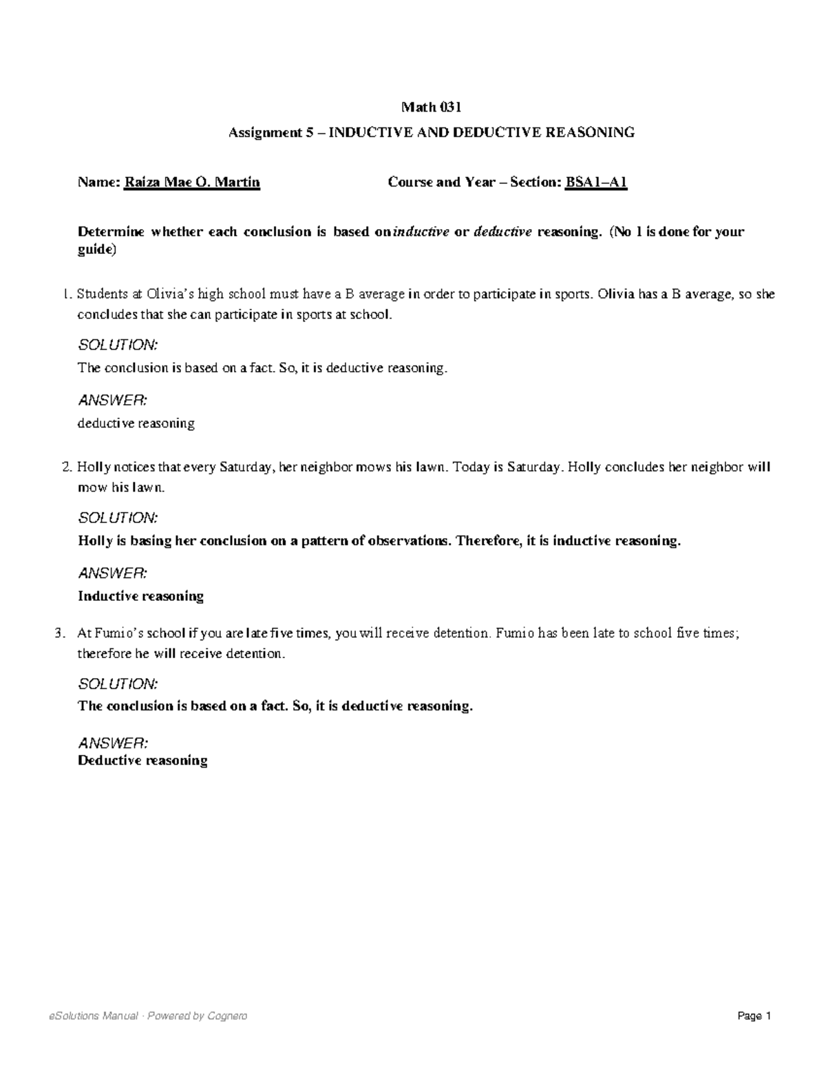 Assignment 5 Inductive Deductive Reasoning Math 031 Assignment 5 Inductive And Deductive