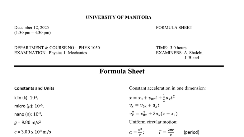 PHYS 1050F Final Exam Formula Sheet - Mechanics December 2025 - Studocu