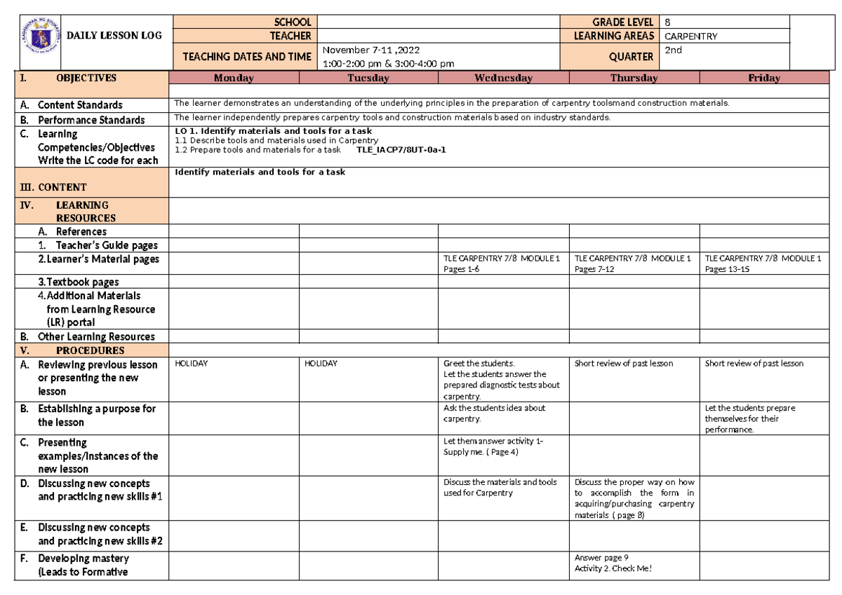 Grade 8 TLE Carpentry Lesson Plan - Week of November 7-11 - Studocu