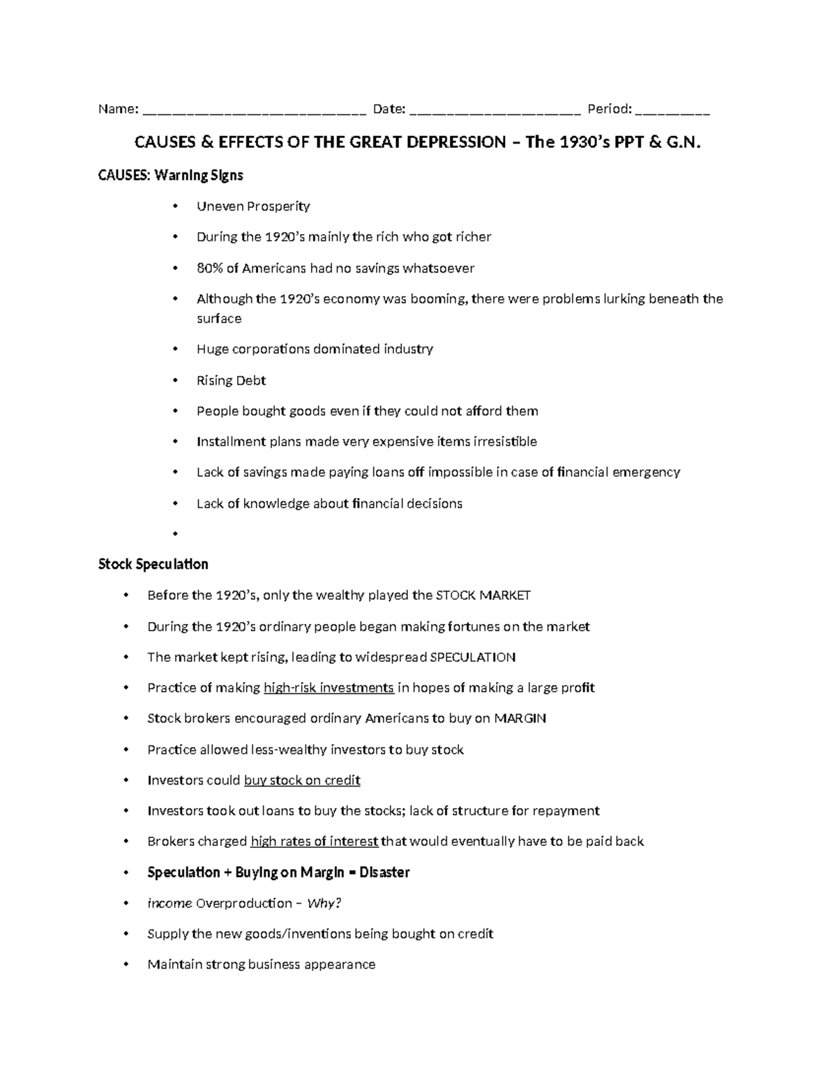 Causes Effects OF THE Great Depression - The 1930s PPT G.N - Name