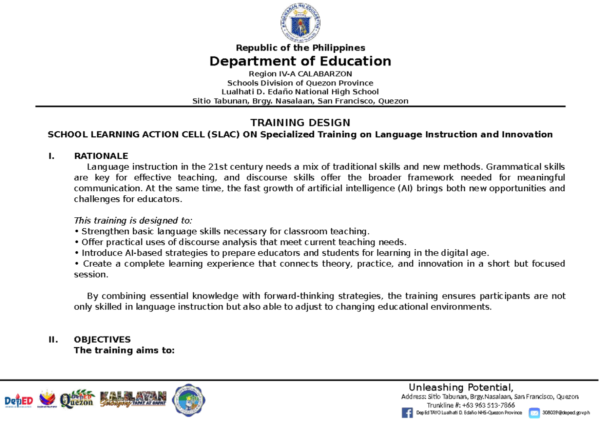 Training Design for SLAC: Specialized Language Instruction & Innovation ...