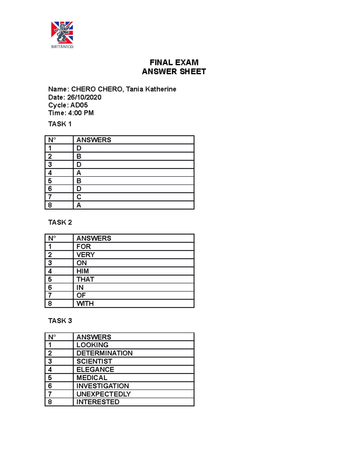 AD05 Final EXAM AND Reading TASK - Answer Sheet - FINAL EXAM ANSWER ...