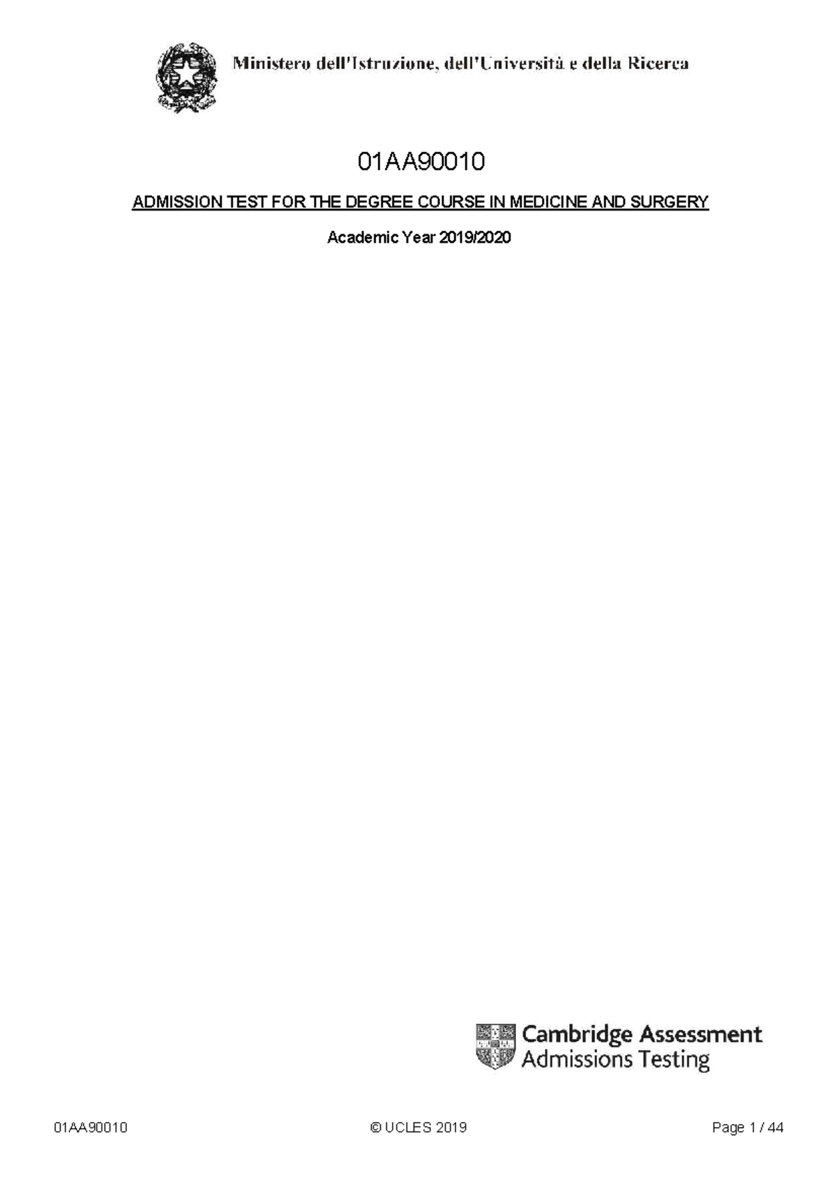01AA90010 IMAT 2019 Admission Test Past Paper with General Knowledge ...