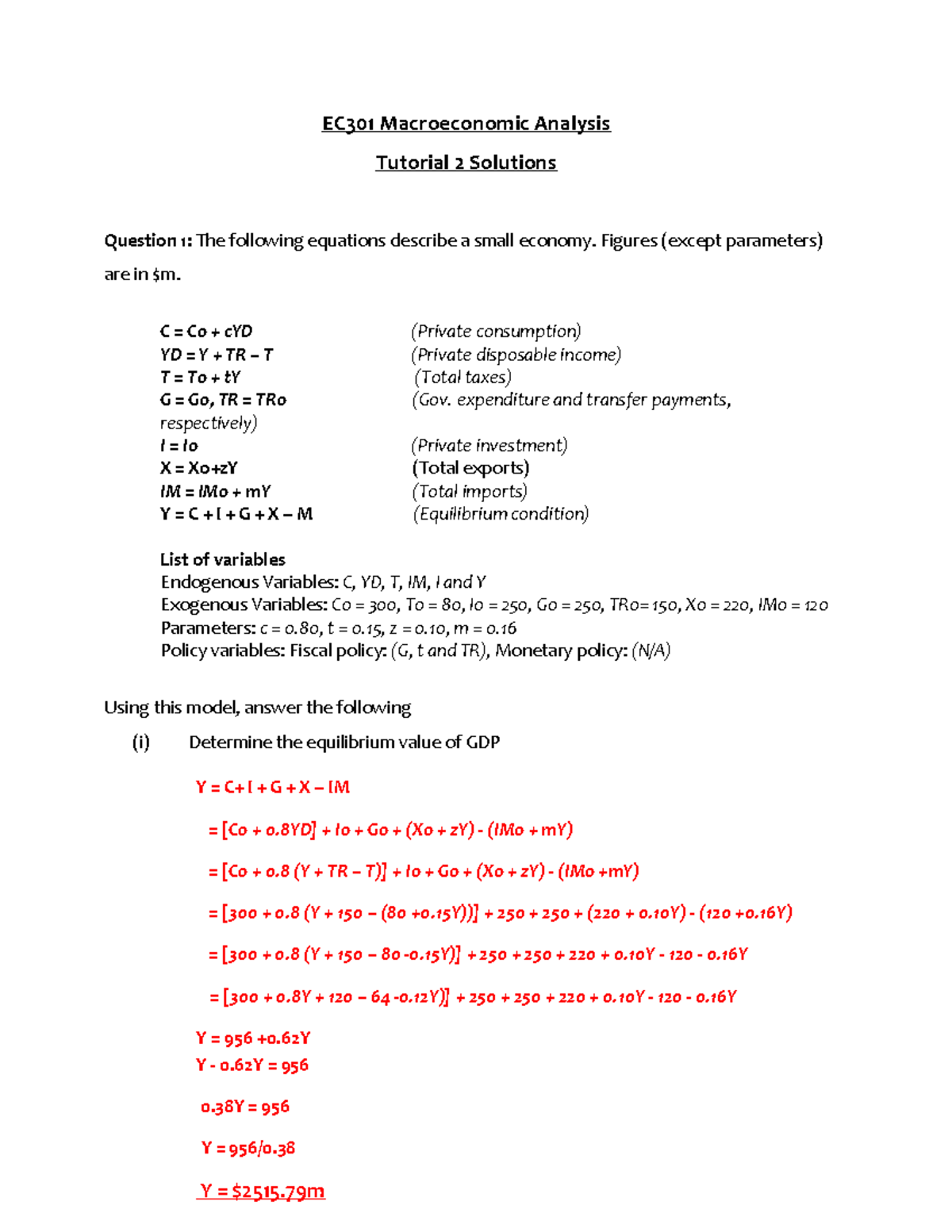EC301 Macroeconomic Analysis Tutorial 2 Solutions and Equilibrium Analysis - Studocu