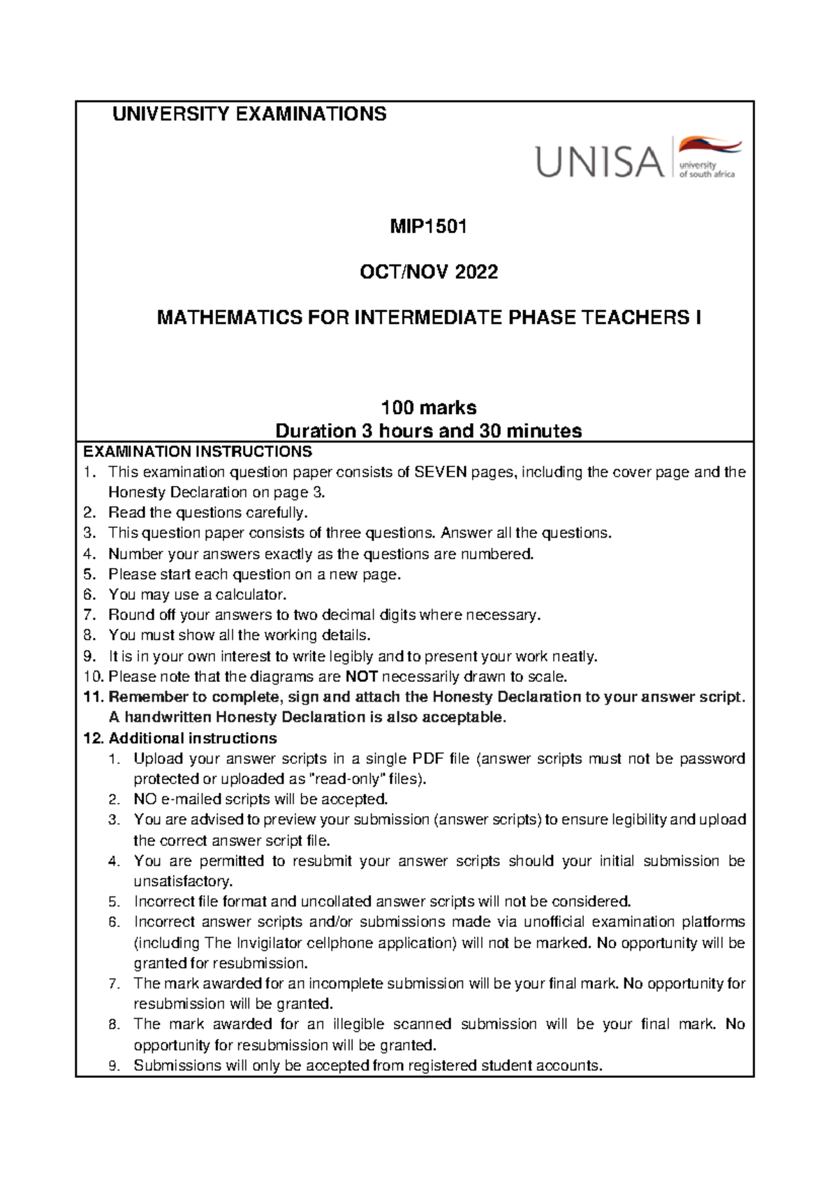 MIP1501 Final Exam Questions - Mathematics for Intermediate Phase ...