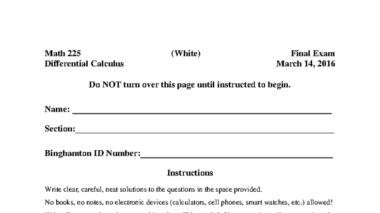 Math 225 Differential Calculus Final Exam Solutions - 3/14/16 - Studocu
